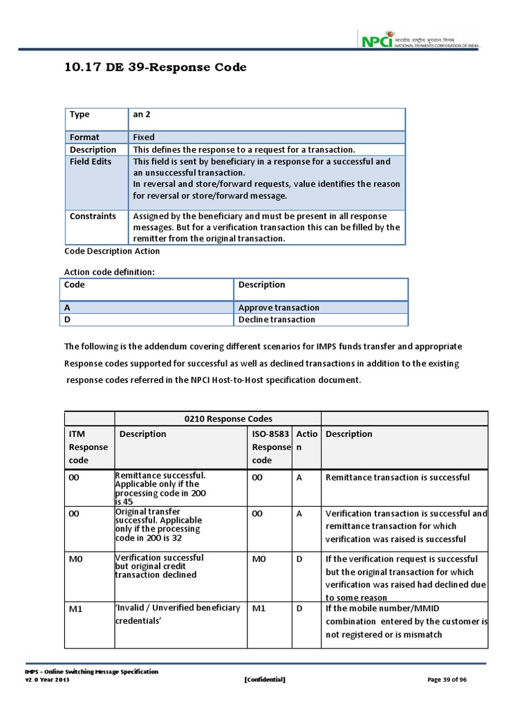 IMPS Response Codes | PDF | Payments | Service Industries