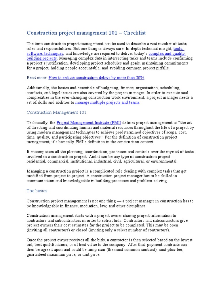 Construction Project Management 101 - Checklist | PDF | Project ...
