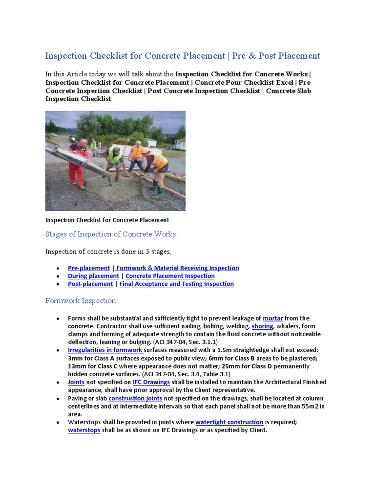 Concrete Placement Inspection Checklist | PDF | Concrete | Horticulture ...