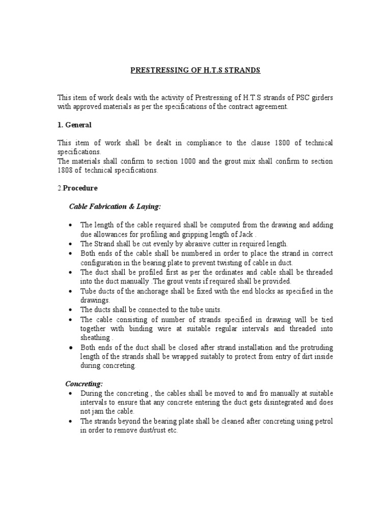 Method Statement For Prestressing of HT Strands | PDF | Prestressed ...