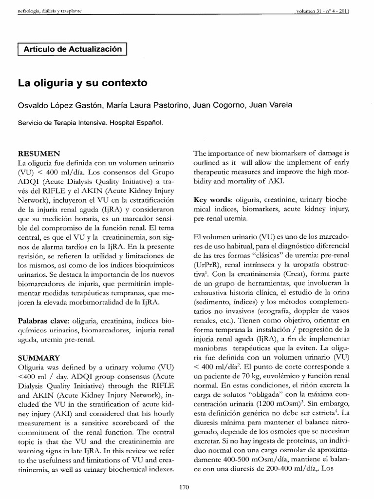 La Oliguria y Su Contexto | PDF | Orina | Nefrología