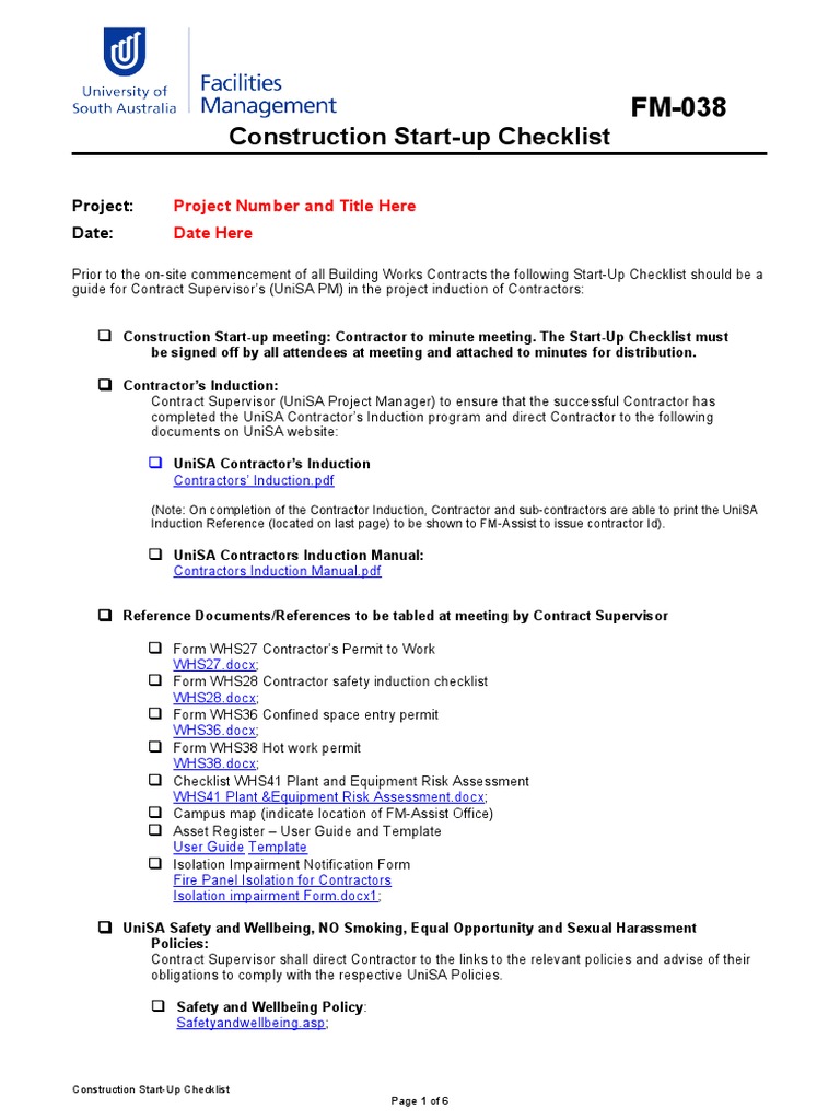 Construction Start-Up Checklist: Project Number and Title Here Date ...