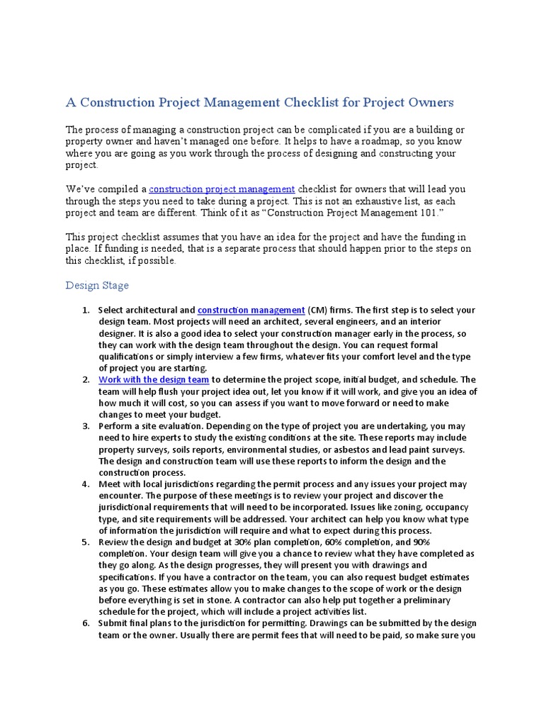 Construction Project Management Checklist | PDF | Project Management ...