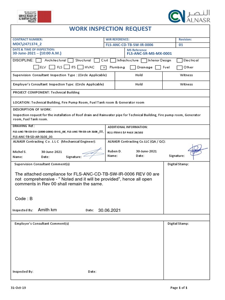 Work Inspection Request for Plumbing Installation | PDF | Pipe (Fluid ...