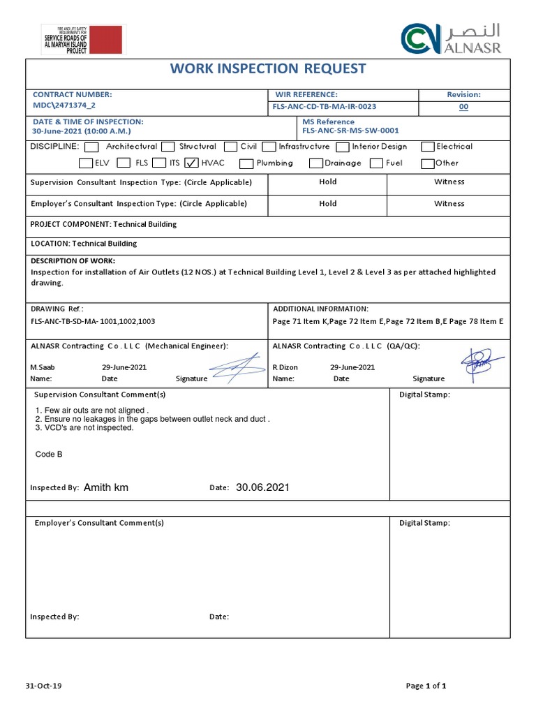 Work Inspection Request: Contract Number: MDC/2471374 - 2 Wir Reference ...