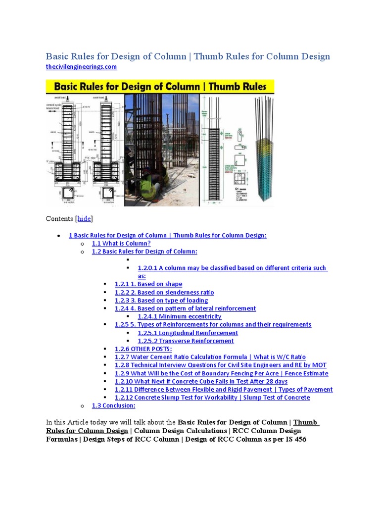 Basic Rules For Design of Column Thumb Rules For Column Design | PDF | Column | Concrete