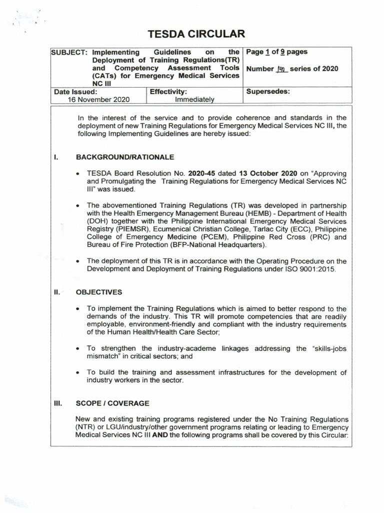 TESDA Guidelines for EMS NC III Training | PDF | Emergency Medical ...