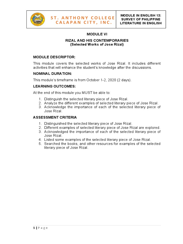 St. Anthony College Calapan City, Inc.: Rizal and His Contemporaries ...