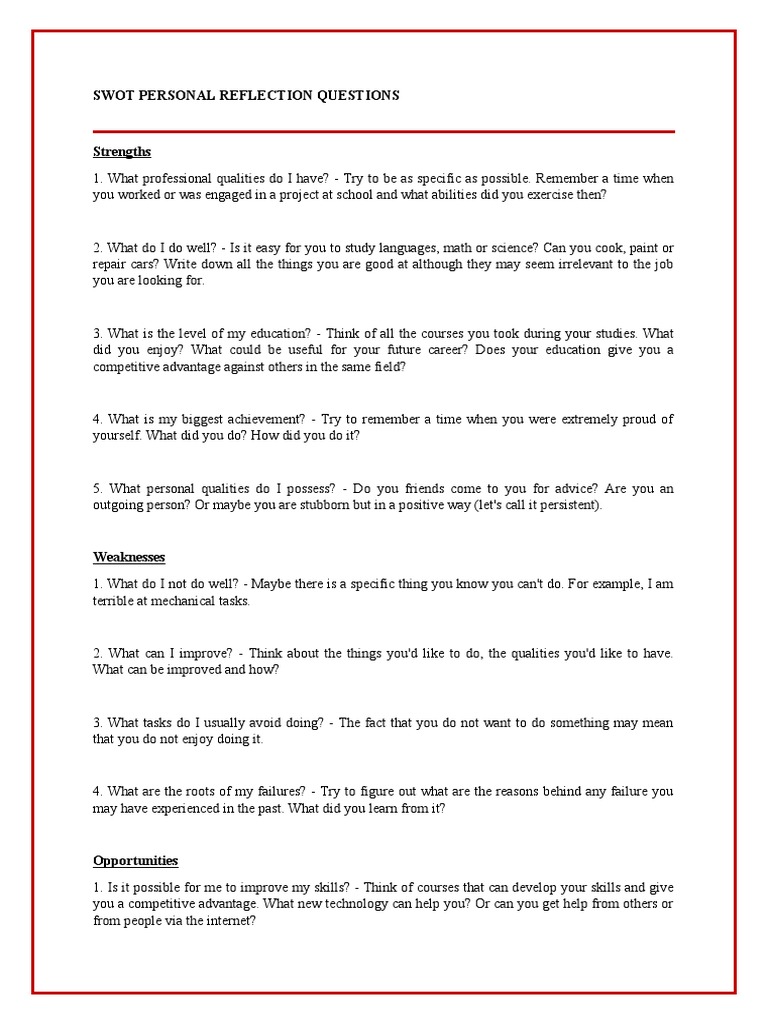 Swot Personal Reflection Questions | PDF | Swot Analysis | Applied ...