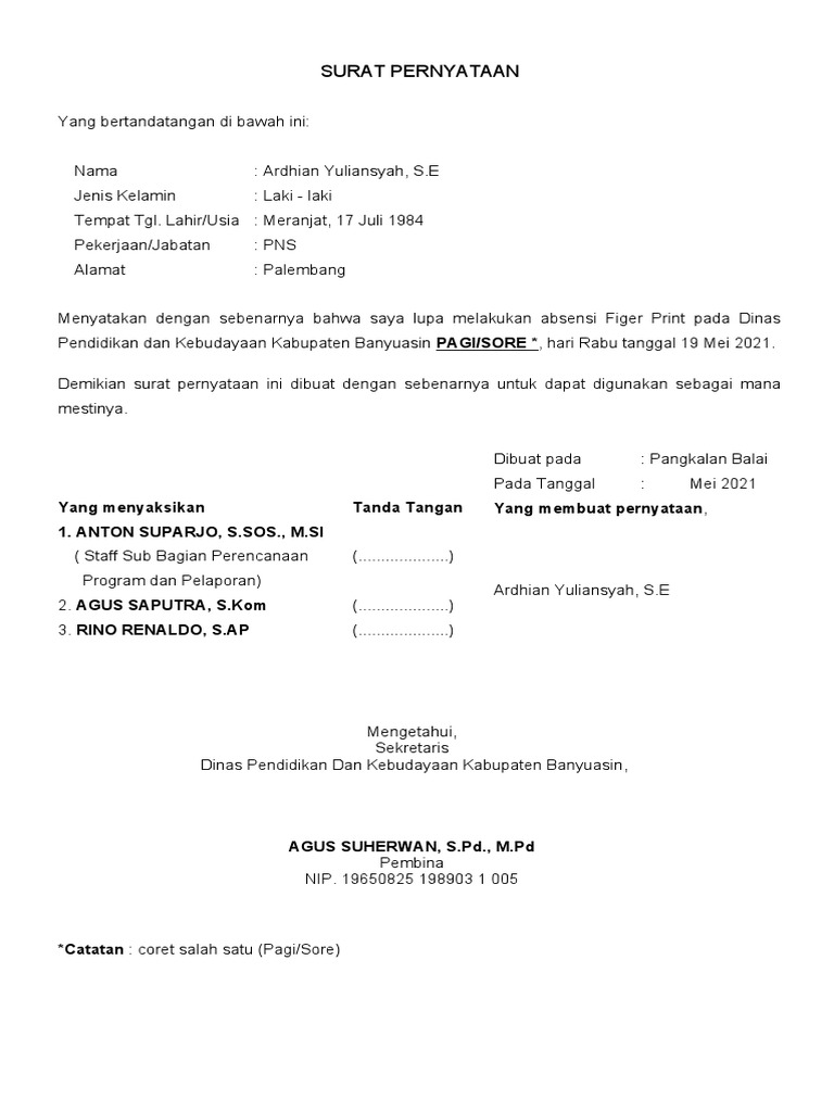 Surat Pernyataan Lupa Absen Terbaru | PDF