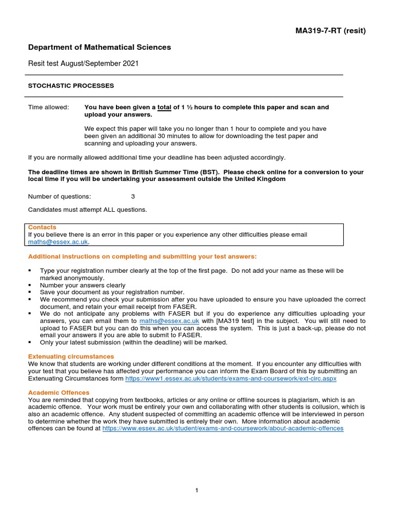 MA319-7-RT Resit Test Paper | PDF | Time Series | Markov Chain