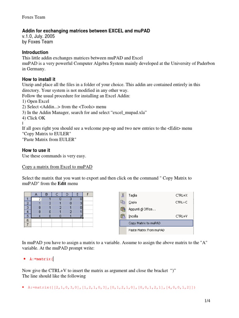 V.1.0, July. 2005 by Foxes Team: Addin For Exchanging Matrices Between Excel and Mupad | PDF ...