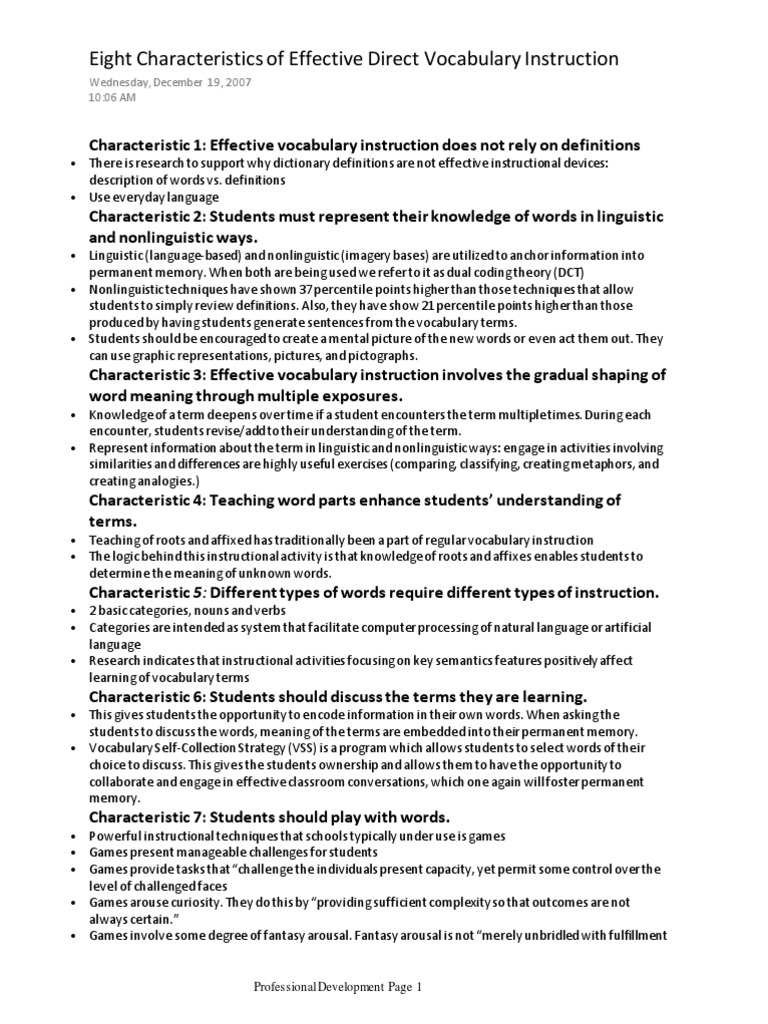 Eight Characteristics of Effective Direct Vocabulary Instruction | PDF ...