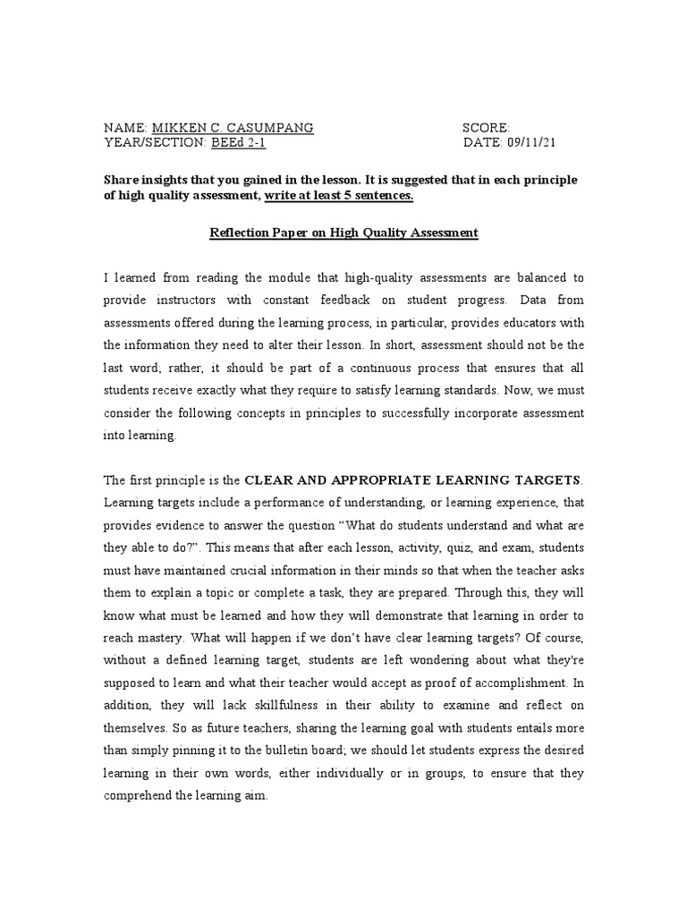 Lesson 2 - Reflection 2 1 2 | PDF | Educational Assessment | Self ...