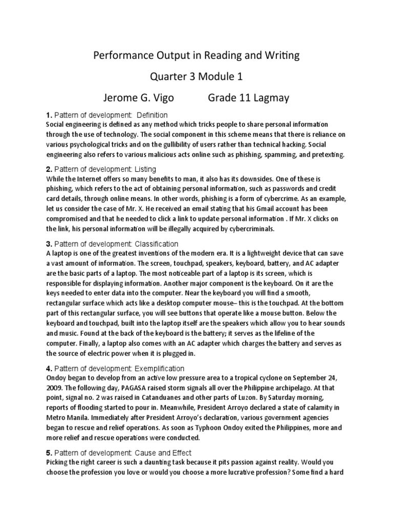 Performance Output in Reading and Writing Quarter 3 Module 1 Jerome G ...