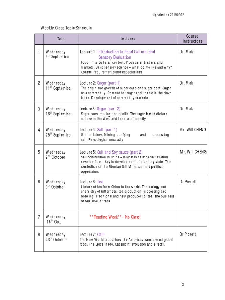 Weekly Class Topic Schedule Date Lectures Course Instructors 1 | PDF ...
