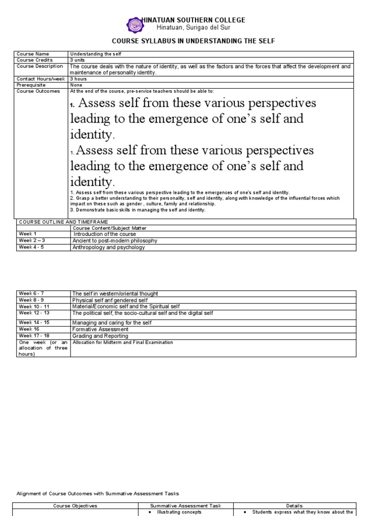 Understanding The Self Syllabus - Obe | PDF | Educational Assessment | Self