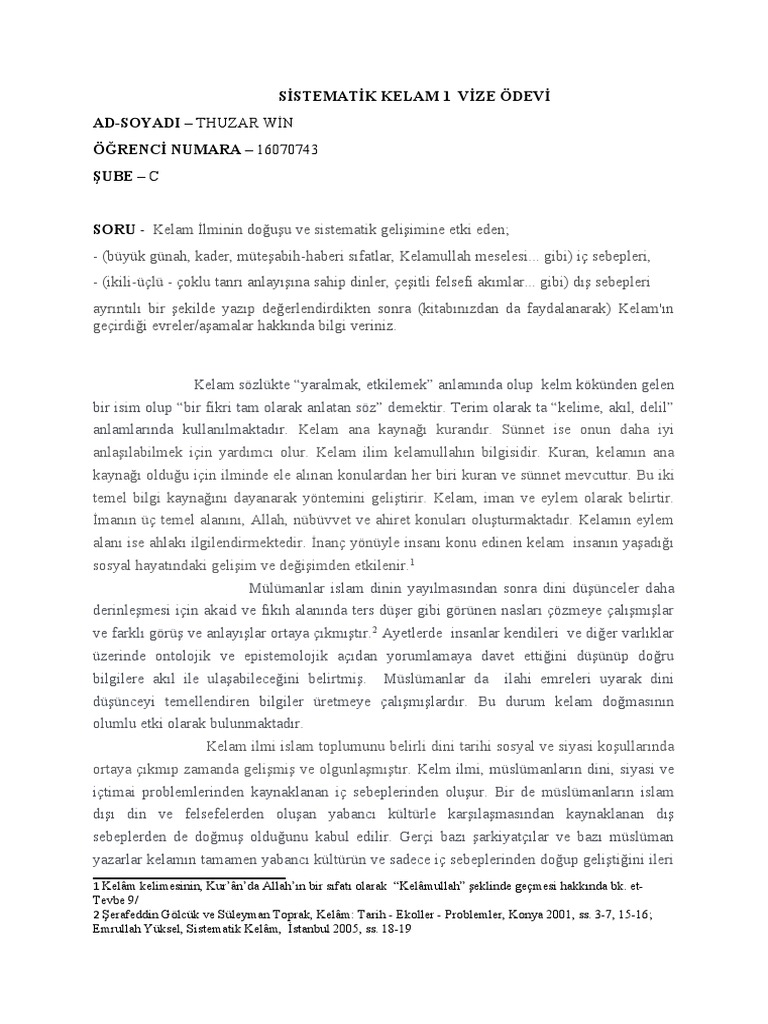 Si̇stemati̇k Kelam 1 Vi̇ze Ödev1 | PDF