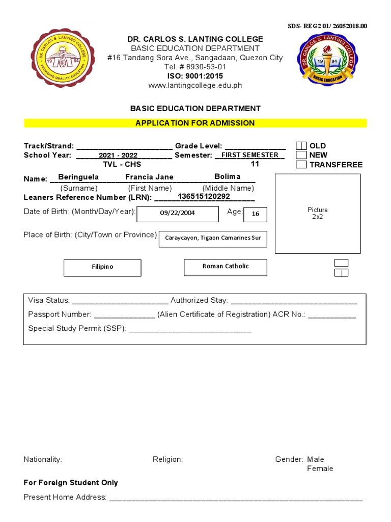Application For Admission Bed | PDF | Middle Schools | Government And ...