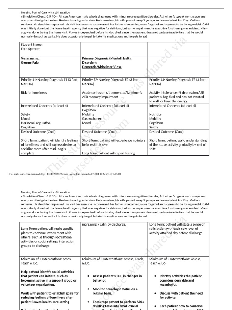 George Palo Vsim Care Plan 1 | PDF | Dementia | Alzheimer's Disease