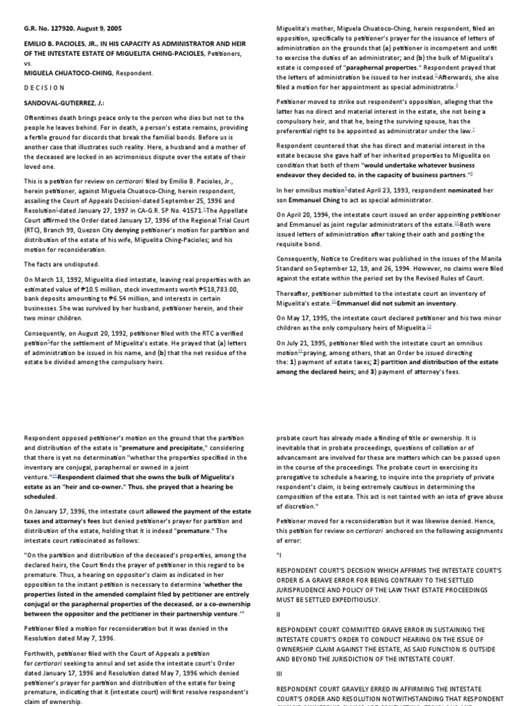 Pacioles v. Chuatoco-Ching, GR 127920, August 9, 2005 | PDF | Probate ...