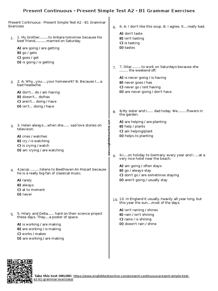 Present Continuous - Present Simple Test A2 - B1 Grammar Exercises | PDF