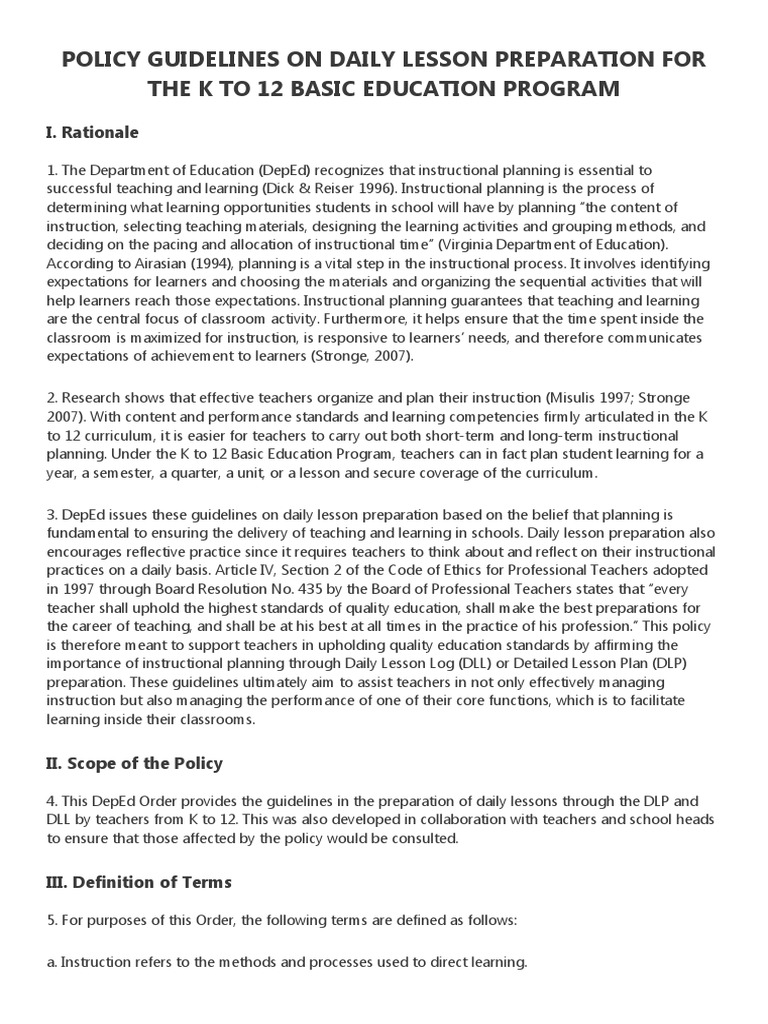 Policy Guidelines On Daily Lesson Preparation For The K To 12 Basic ...