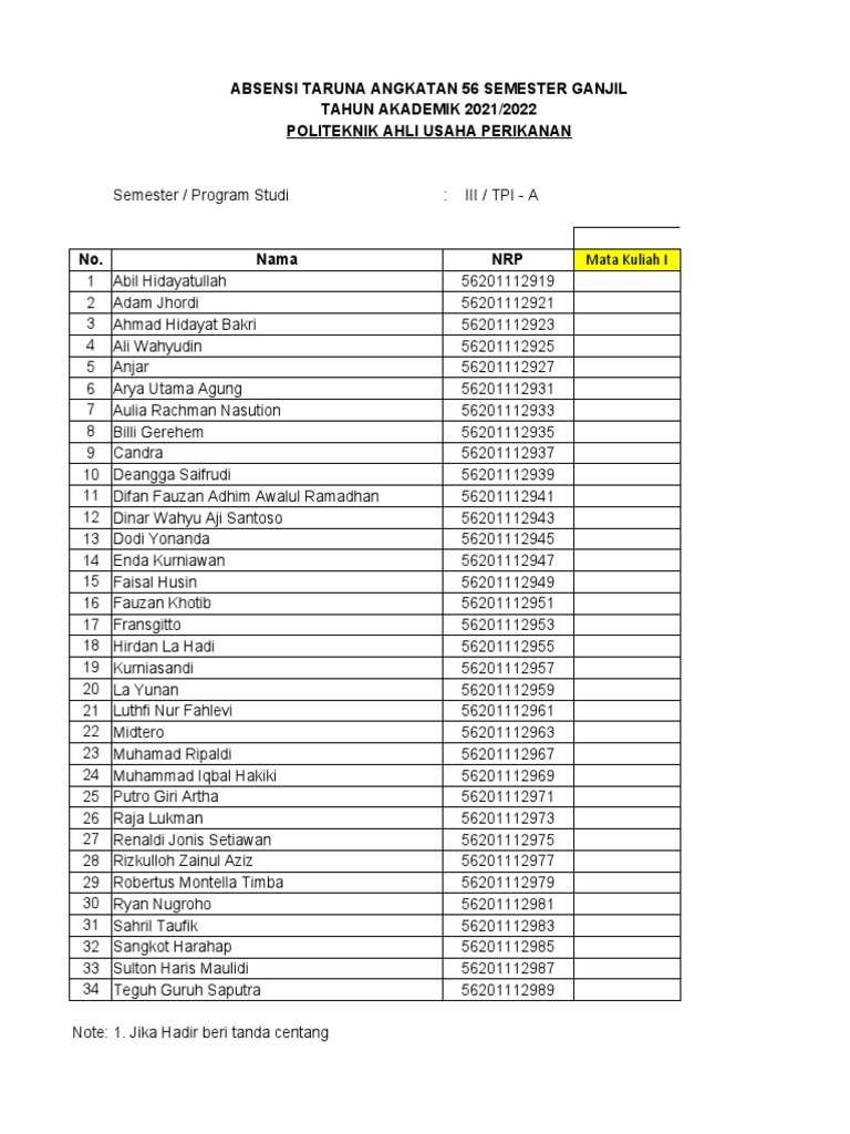 Absensi Perkuliahan MP-B | PDF