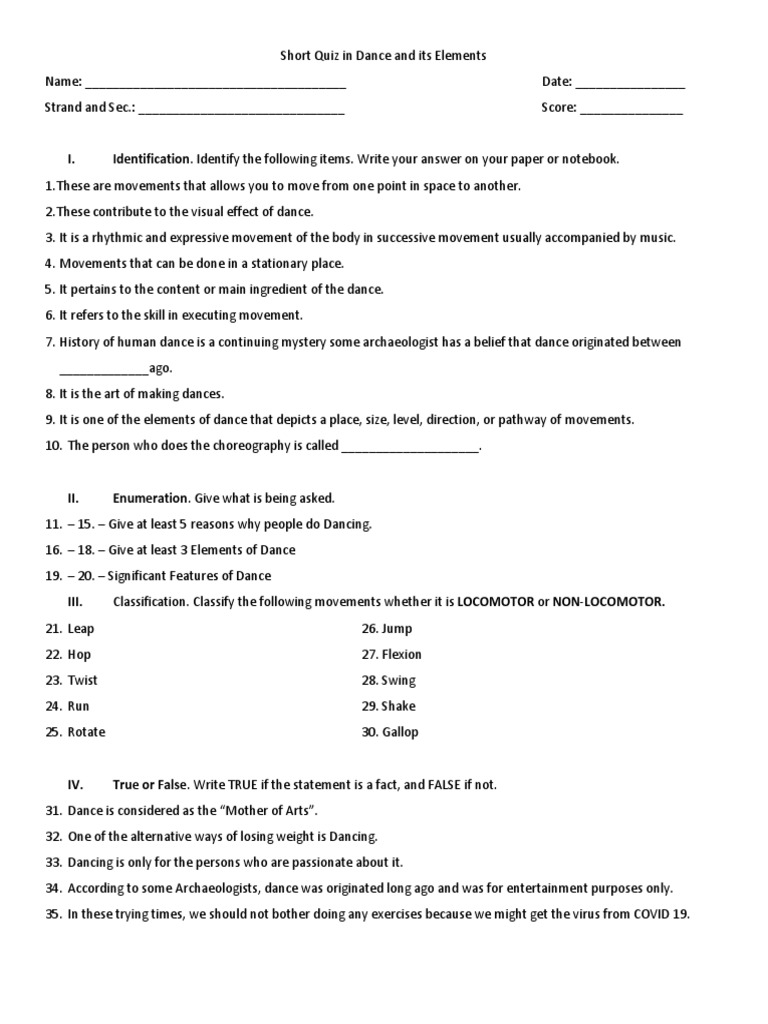 Dance Elements Quiz for Students | PDF