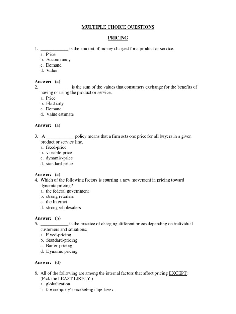Multiple Choice Questions Pricing | PDF | Pricing | Prices