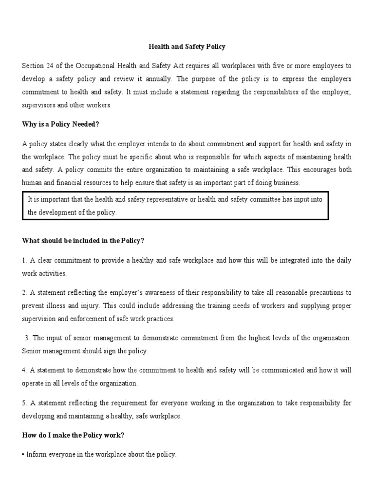 Health and Safety Policy Overview | PDF | Occupational Safety And ...