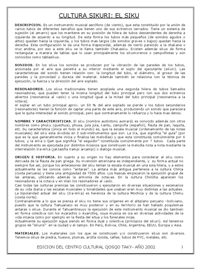 Cultura del siku, instrumento musical andino | PDF | Escala (música ...