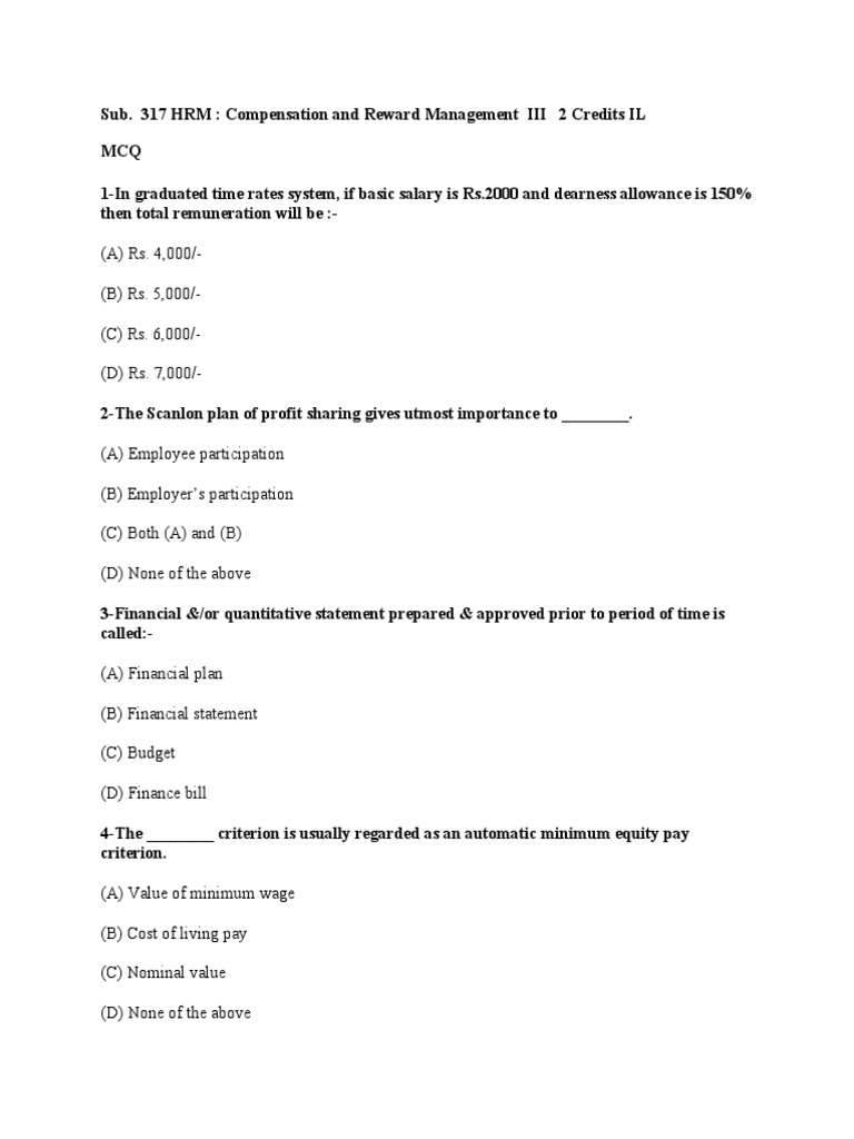 MCQs on Compensation Management | PDF | Piece Work | Employment