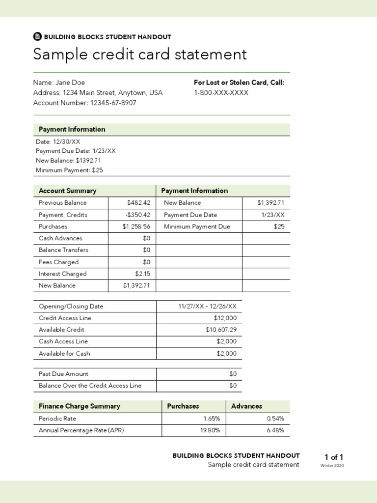 Sample Credit Card Statement: For Lost or Stolen Card, Call | PDF