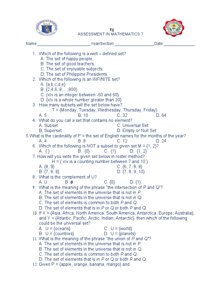 Assessment in Math7 Week 1&2 | PDF | Set (Mathematics) | Mathematics