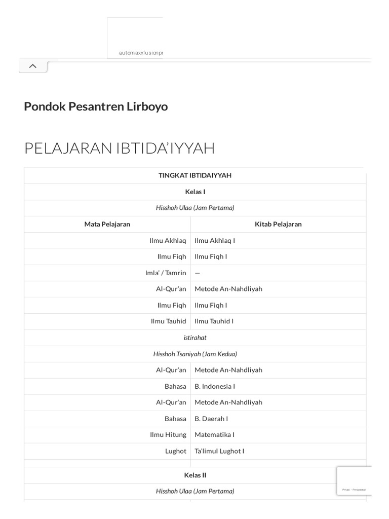Pelajaran Ibtida'Iyyah - Pondok Pesantren Lirboyo | PDF