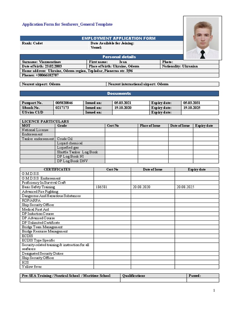 Application Form For Seafarers - General Template | PDF | Shipping ...