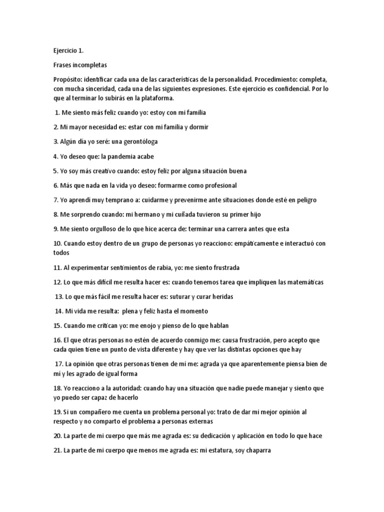Ejercicio 1 2° Unidad | PDF | Relaciones personales, crianza y ...