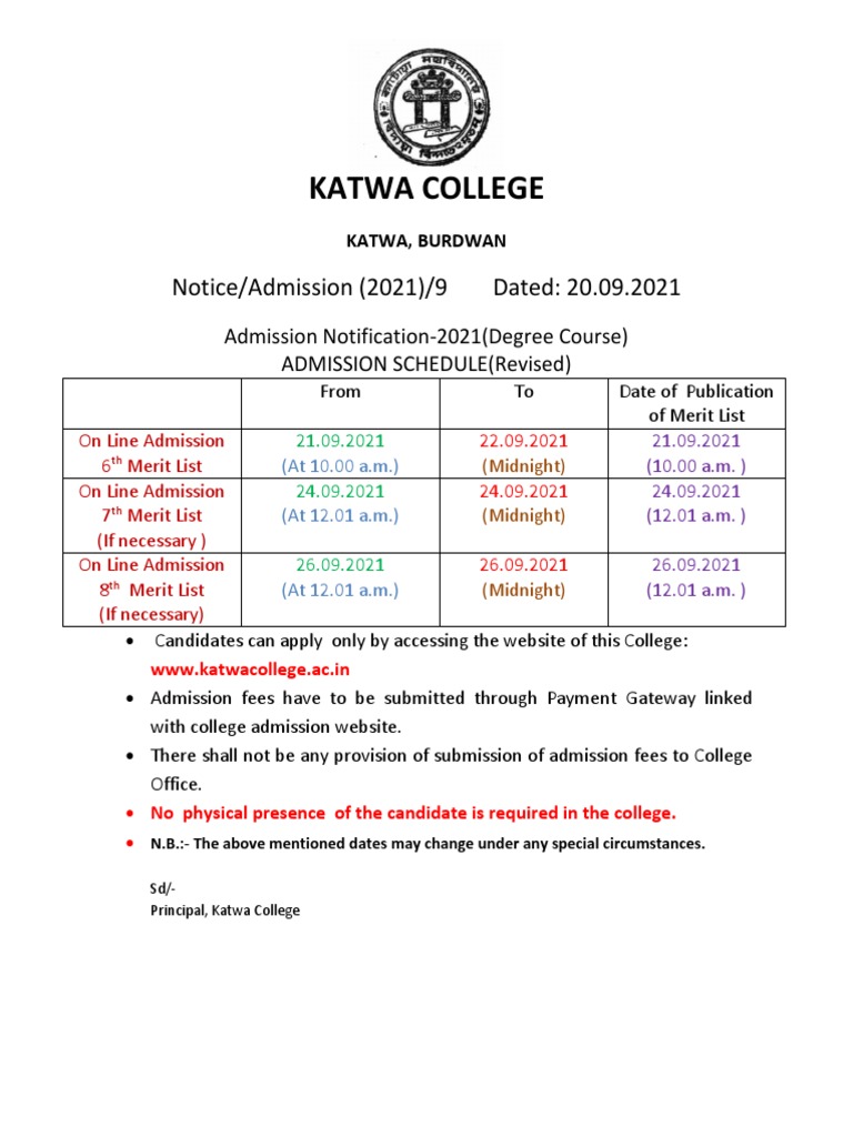 Katwa College Merit List 2021 Schedule | PDF