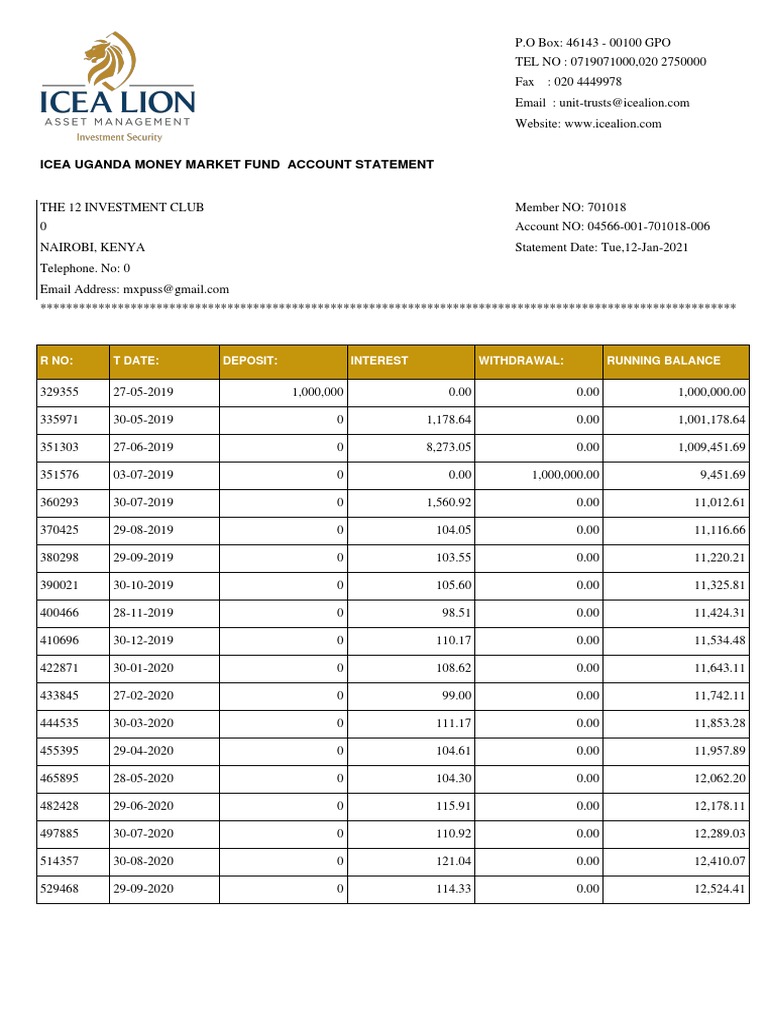 Statement of Account for The 12 Investment Club's ICEA Uganda Money ...