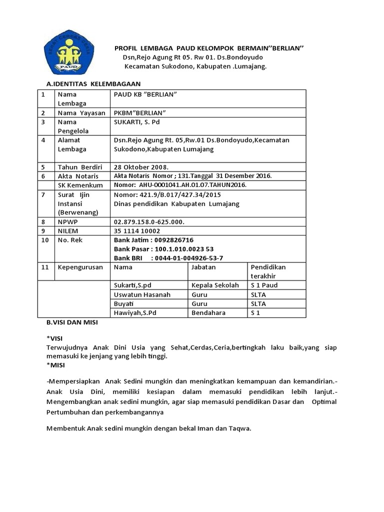 Profil PAUD KB "Berlian" Lumajang | PDF