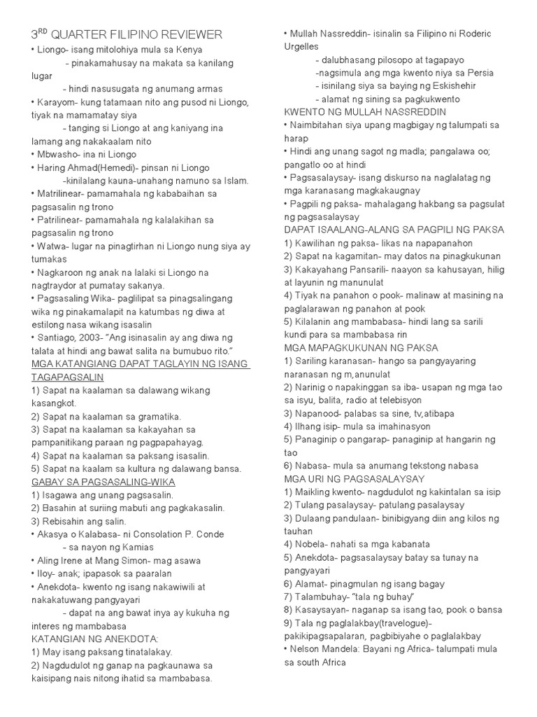 3RD Quarter Filipino Reviewer | PDF