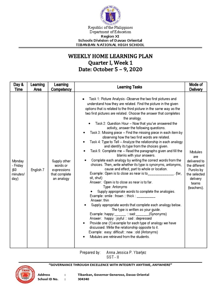 Weekly Home Learning Plan Q1W1 | PDF | Learning | Analogy