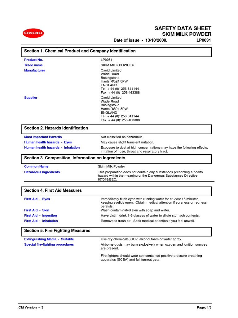 Safety Data Sheet: Skim Milk Powder | PDF | Firefighting | Carbon Dioxide