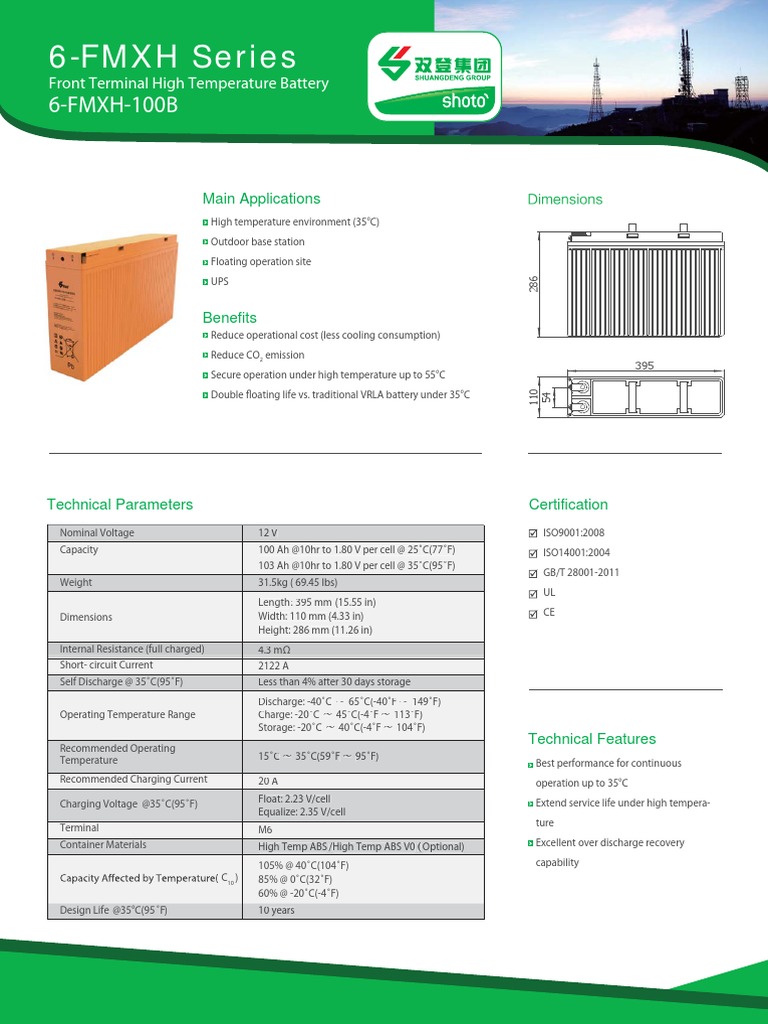 6-FMXH-100B Shoto High Temperature Batteries | PDF | Physical Quantities | Electricity