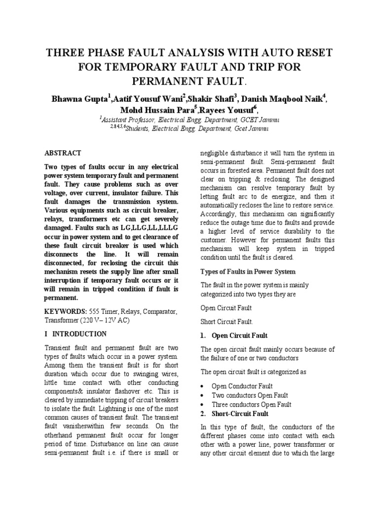 Three Phase Fault Analysis With Auto Reset For Temporary Fault and Trip For Permanent Fault ...