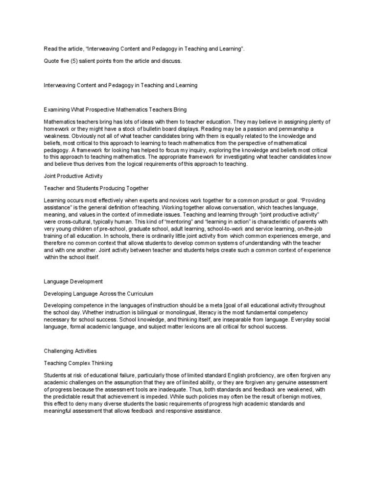 Interweaving Content and Pedagogy in Teaching and Learning | PDF ...