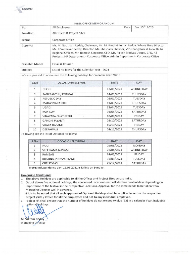 List of Holidays - 2021 | PDF