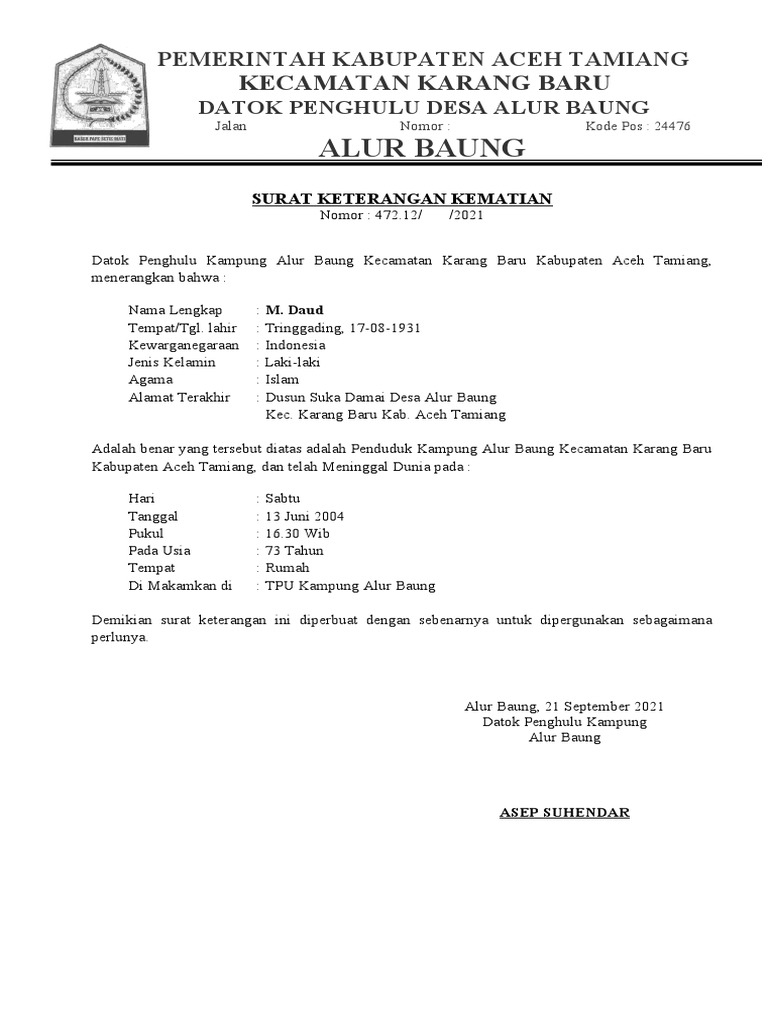 SURAT KETERANGAN Kematian Alur Baung | PDF