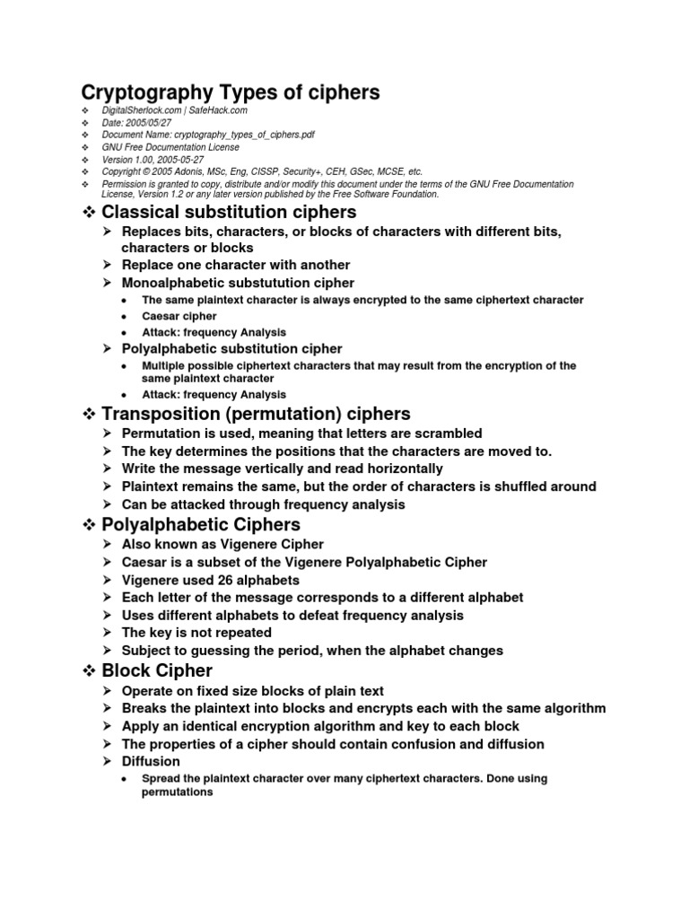 Cryptography Types of Ciphers | PDF